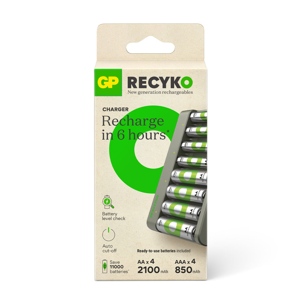 GP Recyko Charger E821 with 4 AA batteries 2100mAh ECV and 4 AAA batte ...
